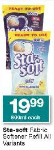 Sta-Soft fabric Softener Refill 800ml offer at Checkers