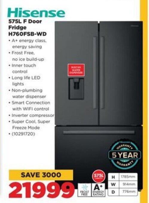 Hisense 575L F Door Fridge H760FSB-WD offer at HiFi Corp