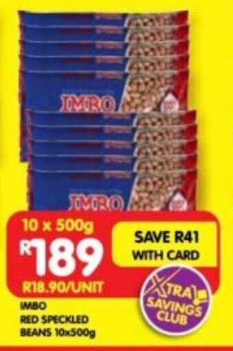 IMBO RED SPECKLED BEANS 10x500g offer at Shoprite
