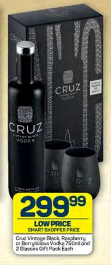 Cruz Vintage Black, Raspberry or Berrylicious Vodka 750ml and 2 Glasses ...