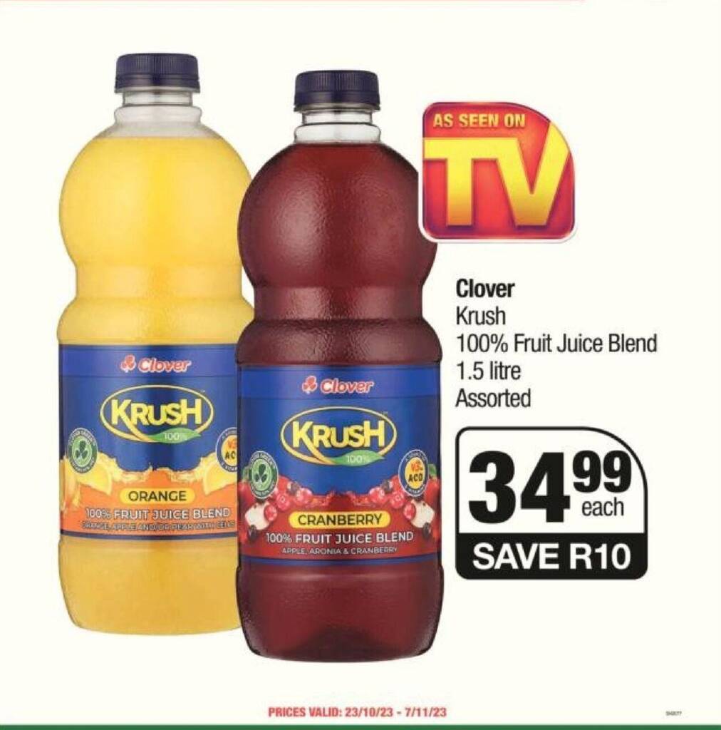 Clover Krush 100% Fruit Juice Blend 1.5 litre Assorted offer at Spar