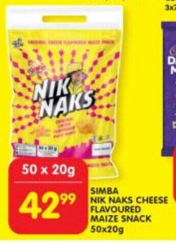 SIMBA NIK NAKS CHEESE FLAVOURED MAIZE SNACK 50x20g offer at Shoprite