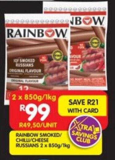 RAINBOW SMOKED/ CHILLI/CHEESE RUSSIANS 2 x 850g/1kg offer at Shoprite