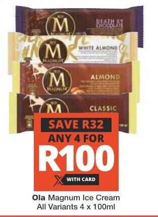 Ola Magnum Ice Cream All Variants 4 x 100ml offer at Checkers