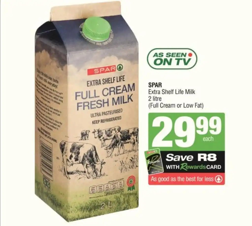SPAR Extra Shelf Life Milk 2 litre (Full Cream or Low Fat) offer at Spar
