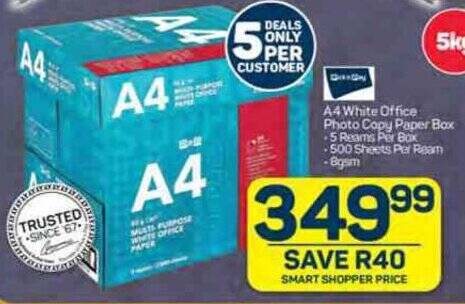 A4 White Office Photo Copy Paper Box offer at Pick n Pay