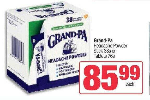 Grand-Pa Headache Powder Stick 38s or Tablets 76s offer at Spar
