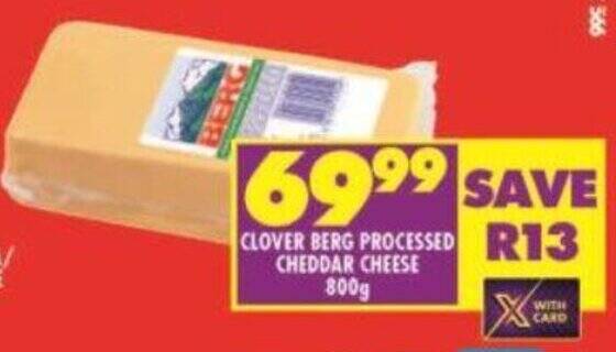 CLOVER BERG PROCESSED CHEDDAR CHEESE 800g offer at Shoprite