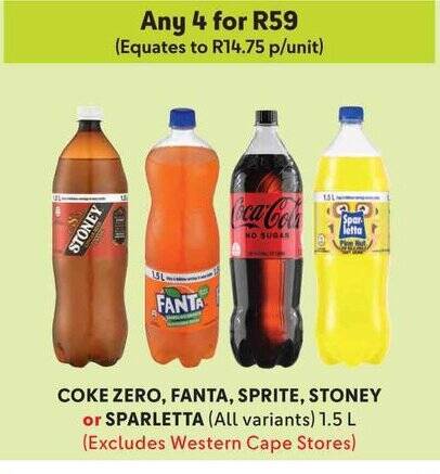COKE ZERO, FANTA, SPRITE, STONEY or SPARLETTA (All variants) 1.5L offer ...