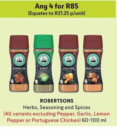 ROBERTSONS Herbs, Seasoning and Spices 60-100 ml offer at Makro