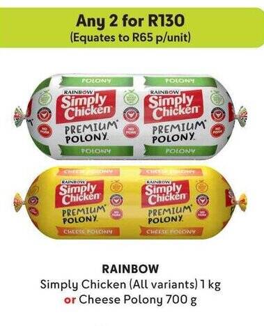 RAINBOW Simply Chicken (All variants) 1 kg or Cheese Polony 700g offer ...