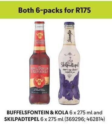 BUFFELSFONTEIN & KOLA 6 x 275 ml and SKILPADTEPEL 6 x 275 ml offer at Makro
