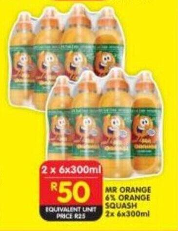 MR ORANGE 6% ORANGE SQUASH 2x-6x300ml offer at Shoprite