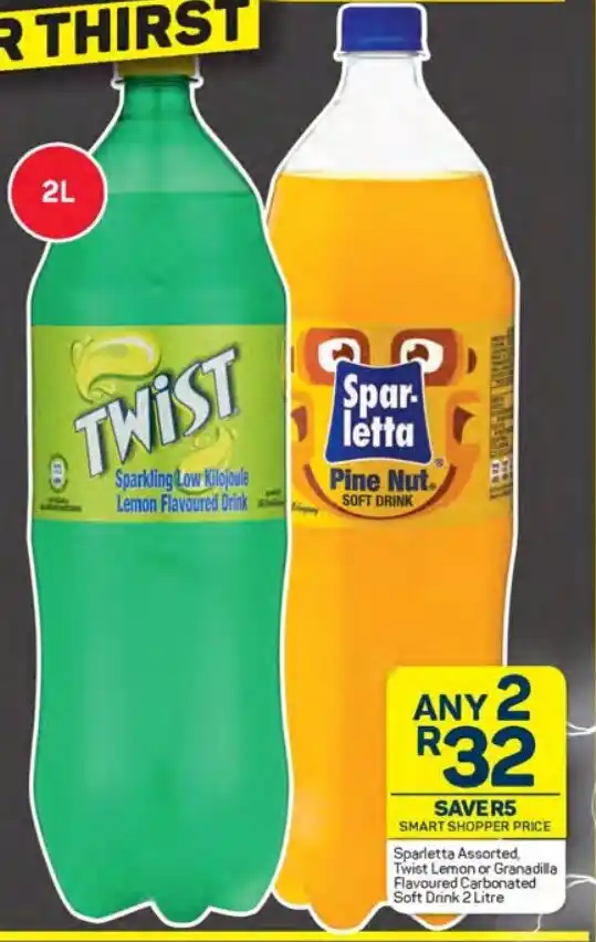 Sparletta Assorted, Twist Lemon or Granadilla Flavoured Carbonated Soft ...