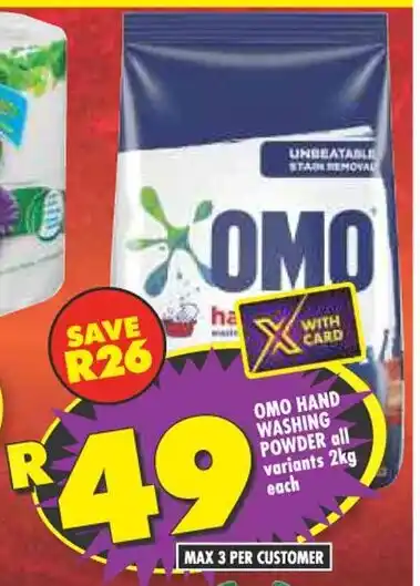 OMO HAND WASHING POWDER all variants 2kg each offer at Shoprite