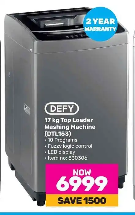 DEFY 17 kg Top Loader Washing Machine (DTL153) offer at Game