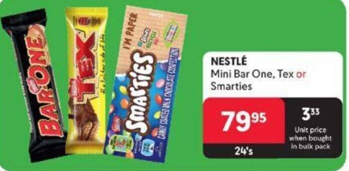 NESTLÉ Mini Bar One, Tex or Smarties offer at Makro