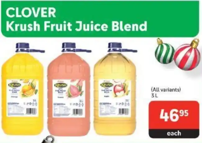 CLOVER Krush Fruit Juice Blend (All variants) 3L offer at Makro
