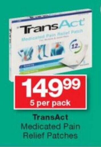TransAct Medicated Pain Relief Patches 5 per pack offer at Checkers