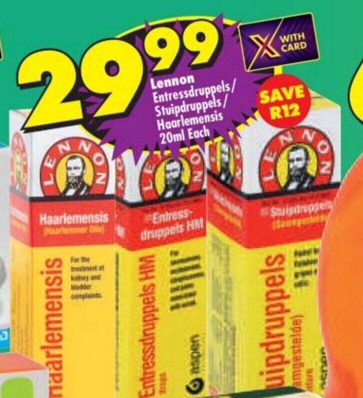 Lennon Entressdruppels/ Stuipdruppels/ Haarlemensis 20ml Each offer at ...