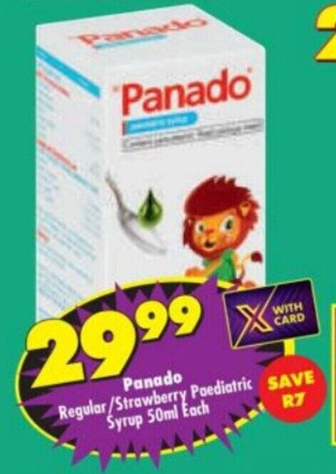Panado Regular/Strawberry Paediatric Syrup 50ml Each offer at Shoprite
