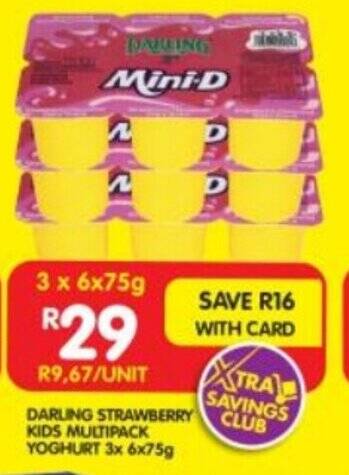 DARLING STRAWBERRY KIDS MULTIPACK YOGHURT 3x 6x75g offer at Shoprite