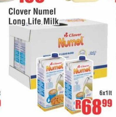Clover Numel Long Life Milk 6x1lt offer at Devland Cash And Carry