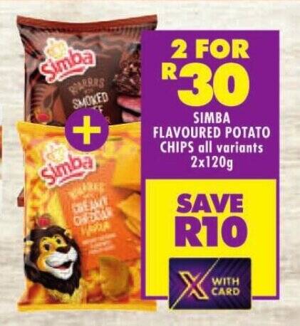 SIMBA FLAVOURED POTATO CHIPS all variants 2x120g offer at Shoprite