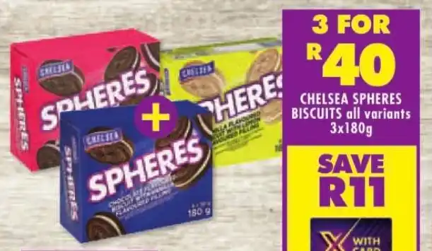 CHELSEA SPHERES BISCUITS all variants 3x180g offer at Shoprite