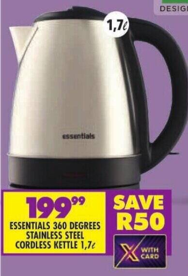 ESSENTIALS 360 DEGREES STAINLESS STEEL CORDLESS KETTLE 1,7L offer at ...