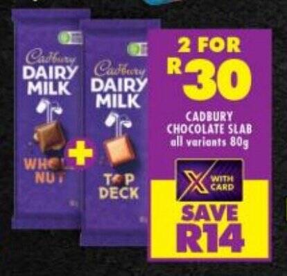 CADBURY CHOCOLATE SLAB all variants 80g offer at Shoprite