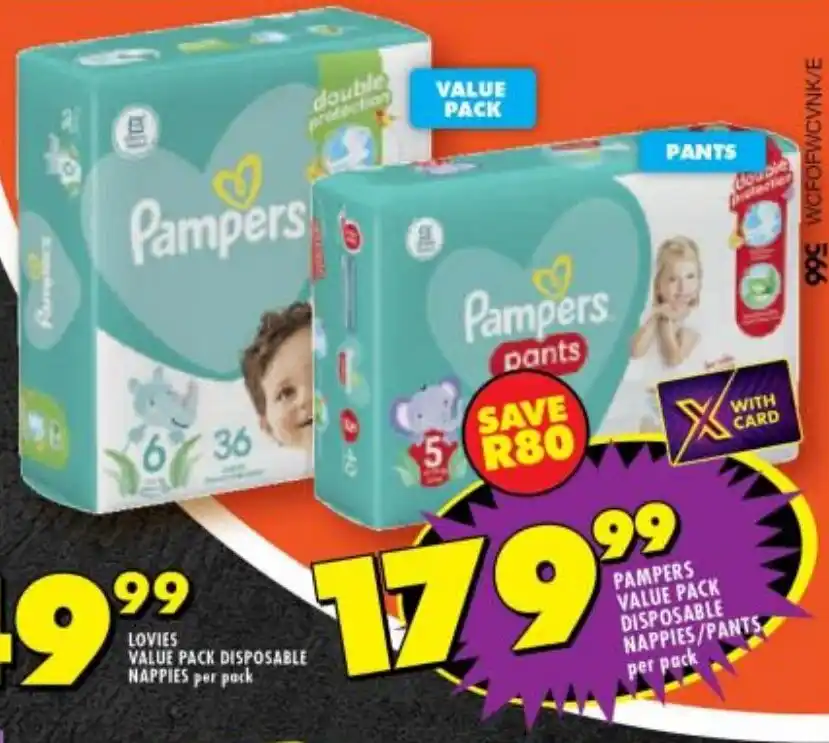 PAMPERS VALUE PACK DISPOSABLE NAPPIES/PANTS per pack offer at Shoprite