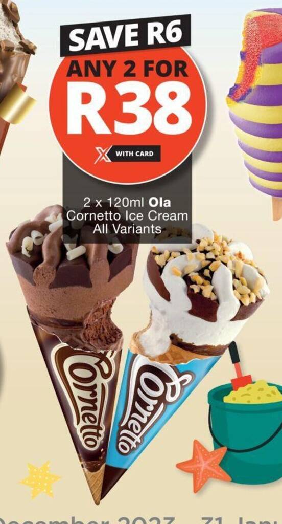 2 x 120ml Ola Cornetto Ice Cream All Variants offer at Checkers