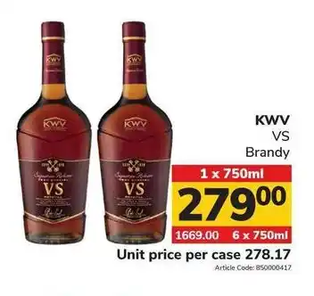 KWV VS Brandy 1 x 750ml offer at Jumbo