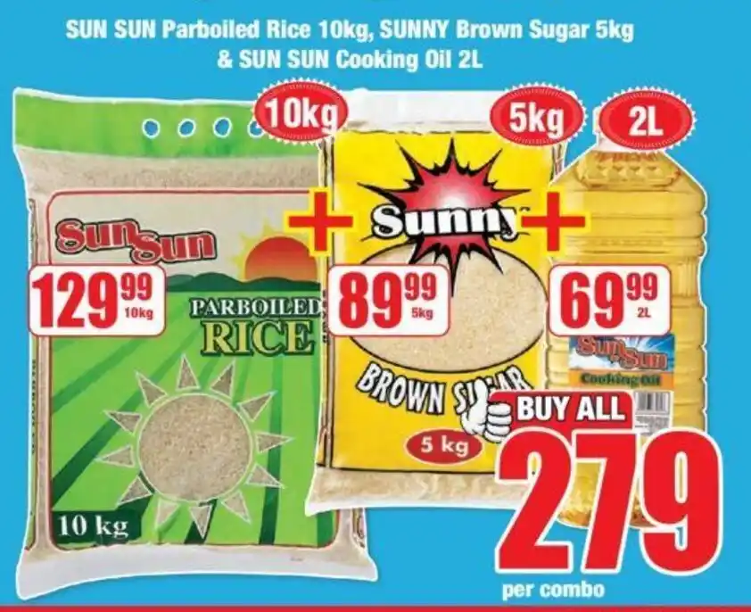 SUN SUN Parboiled Rice 10kg, SUNNY Brown Sugar 5kg & SUN SUN Cooking ...