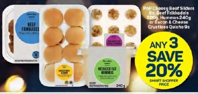 PnP Cheesy Beef Sliders 8s, Beef Frikkadels 200g, Hummus 240g or Bacon ...