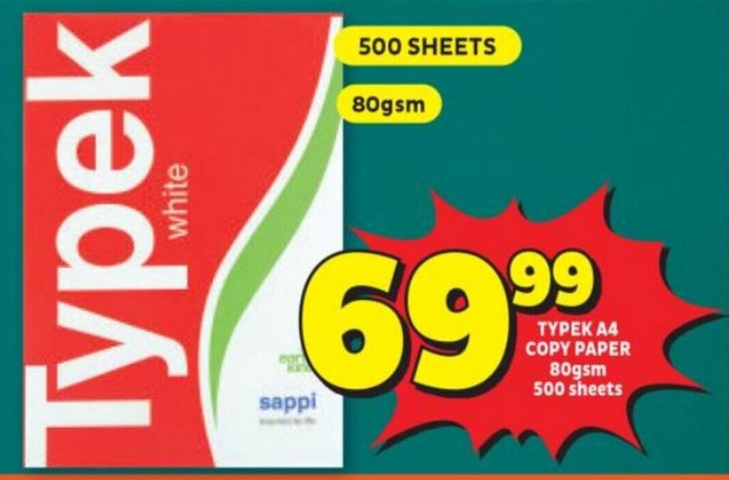 TYPEK A4 COPY PAPER 80gsm 500 sheets offer at Usave