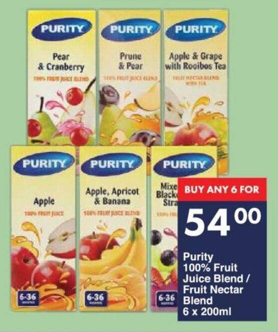 Purity 100% Fruit Juice Blend/ Fruit Nectar Blend 6 x 200ml offer at ...