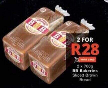 2 x 700g BB Bakeries Sliced Brown Bread offer at Checkers
