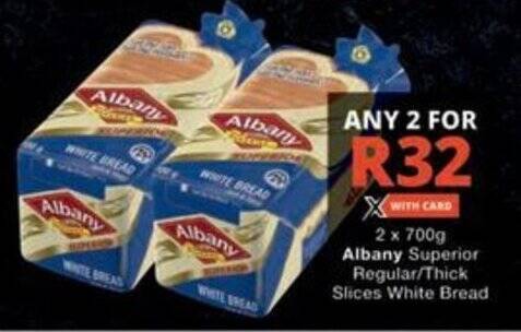 2 x 700g Albany Superior Regular/Thick Slices White Bread offer at Checkers