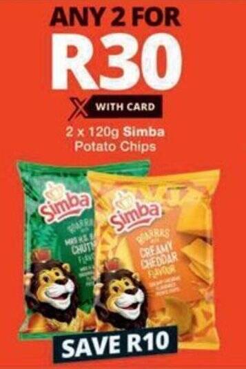 2 x 120g Simba Potato Chips offer at Checkers