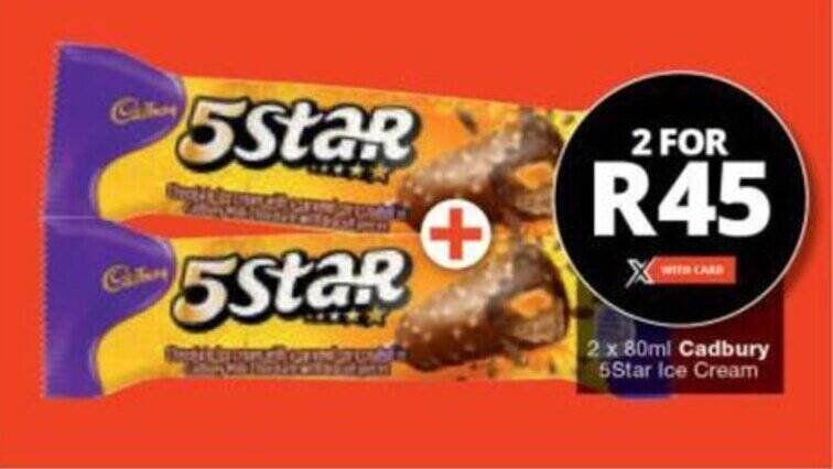 2x 80ml Cadbury 5Star Ice Cream offer at Checkers