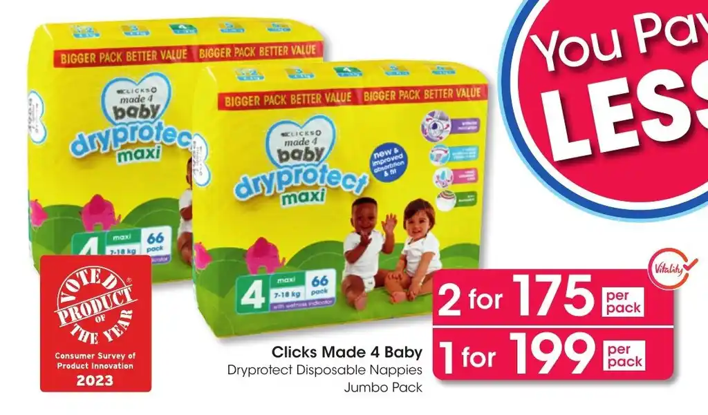 Clicks Made 4 Baby Dryprotect Disposable Nappies Jumbo Pack offer at Clicks