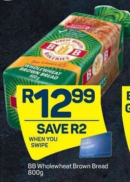 BB Wholewheat Brown Bread 800g offer at Pick n Pay