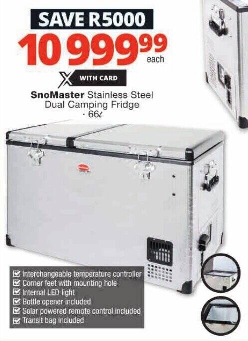 SnoMaster Stainless Steel Dual Camping Fridge 66L offer at Checkers