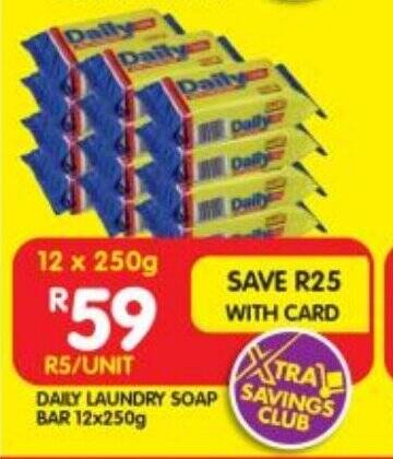 DAILY LAUNDRY SOAP BAR 12x250g offer at Shoprite