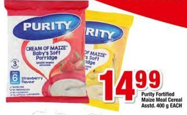 Purity Fortified Maize Meal Cereal 400g offer at Megasave