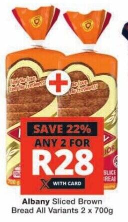 Albany Sliced Brown Bread All Variants 2x 700g offer at Checkers
