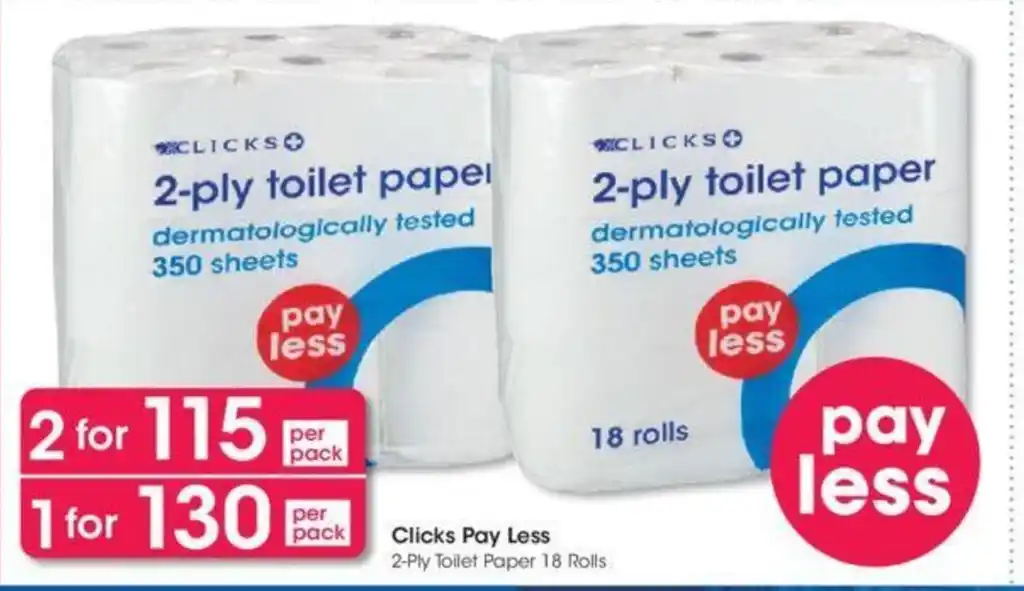 Clicks Pay Less 2-Ply Toilet Paper 18 Rolls offer at Clicks
