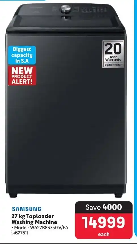 SAMSUNG 27kg Toploader Washing Machine offer at Makro